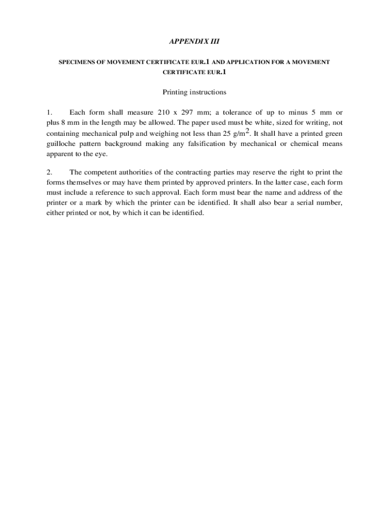Fillable Online Appendix III SPECIMEN OF MOVEMENT CERTIFICATE EUR.1 ...