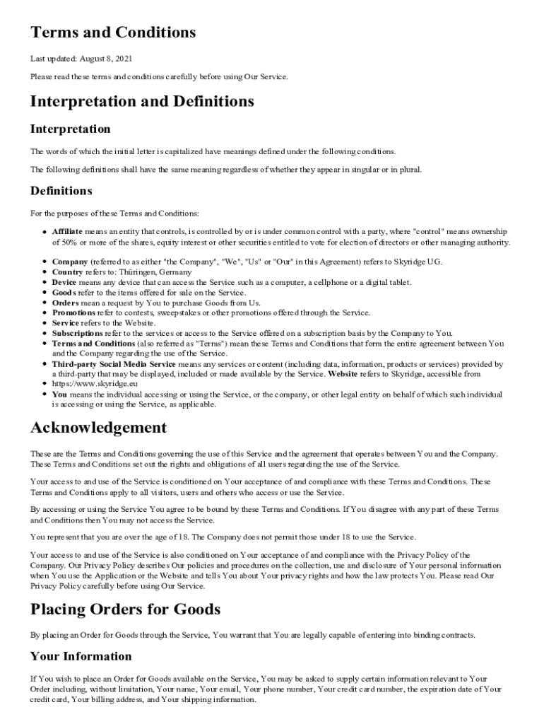Fillable Online Terms and Conditions Interpretation and Definitions ... - Skyridge Fax Email ...