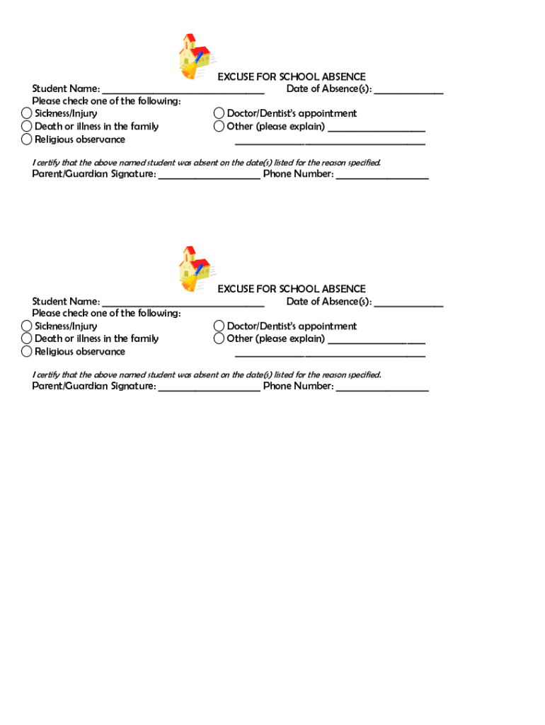Fillable Online EXCUSE FOR SCHOOL ABSENCE Student Name Fax Email Print ...