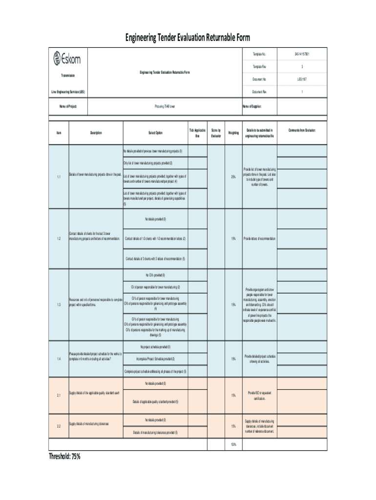 Fillable Online Engineering Tender Evaluation Returnable Form Fax Email ...