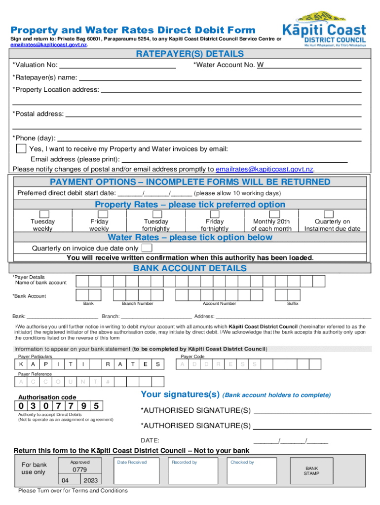 Fillable Online Property and Water Rates Direct Debit Form Fax Email ...