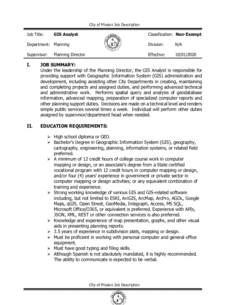 Fillable Online Job Title: GIS Analyst Classification: Non-Exempt ...