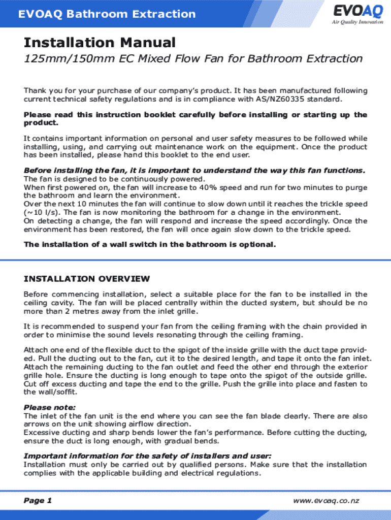 Fillable Online EVOAQ Mixed-flow extraction instructions - bathroom Fax ...