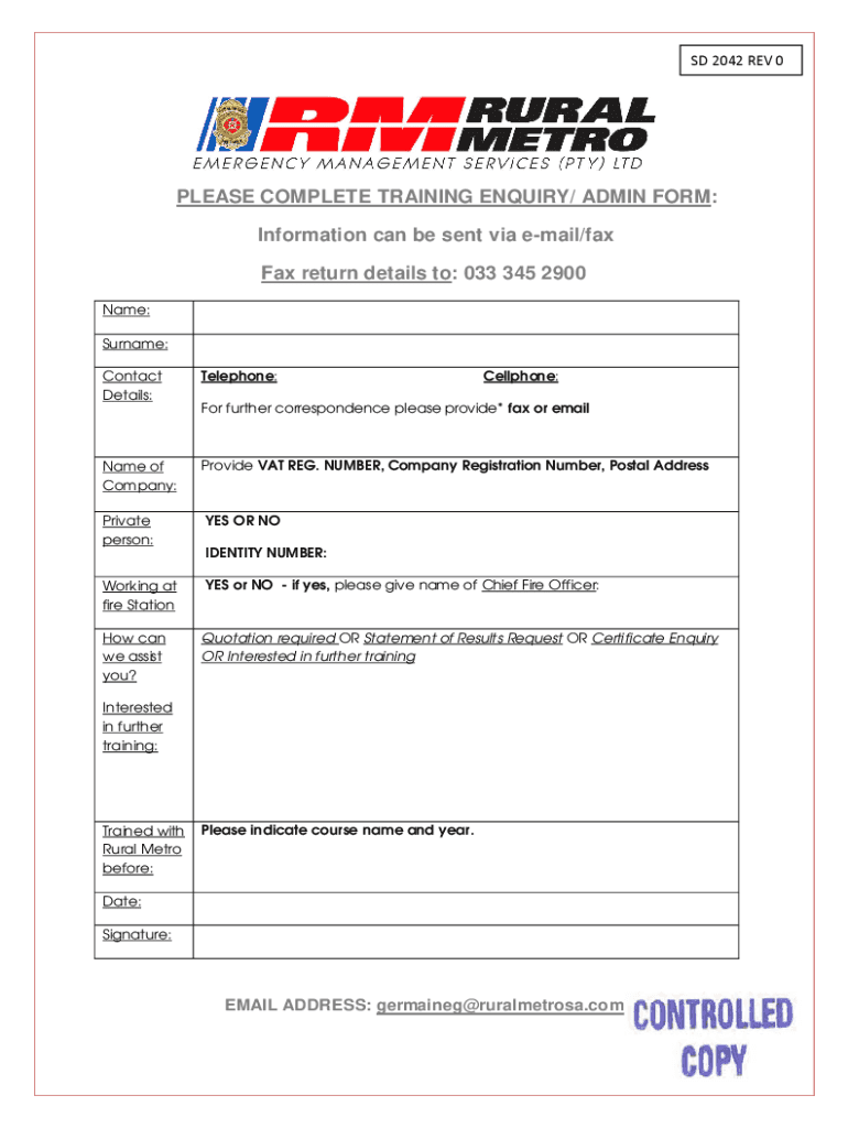 Fillable Online PLEASE COMPLETE TRAINING ENQUIRY/ ADMIN FORM Fax Email ...