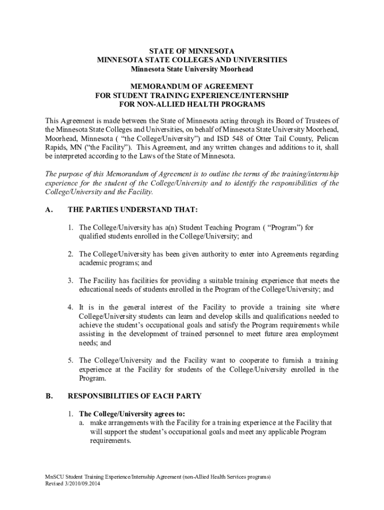 Fillable Online Fillable Online Memorandum of Agreement For Student ...