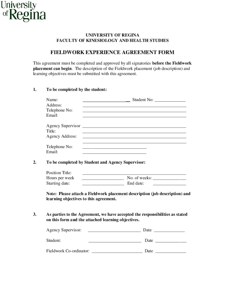 Fillable Online Fieldwork Experience Agreement Form Fax Email Print - pdfFiller