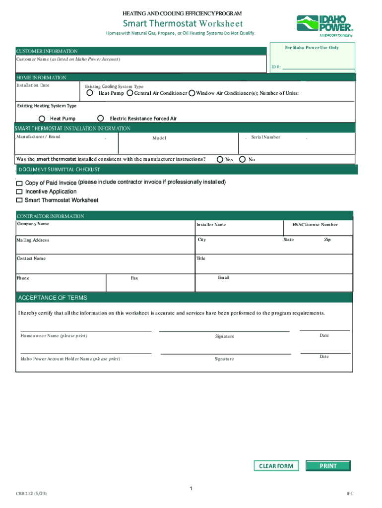 Fillable Online Smart Thermostat Worksheet and Incentive Application ...