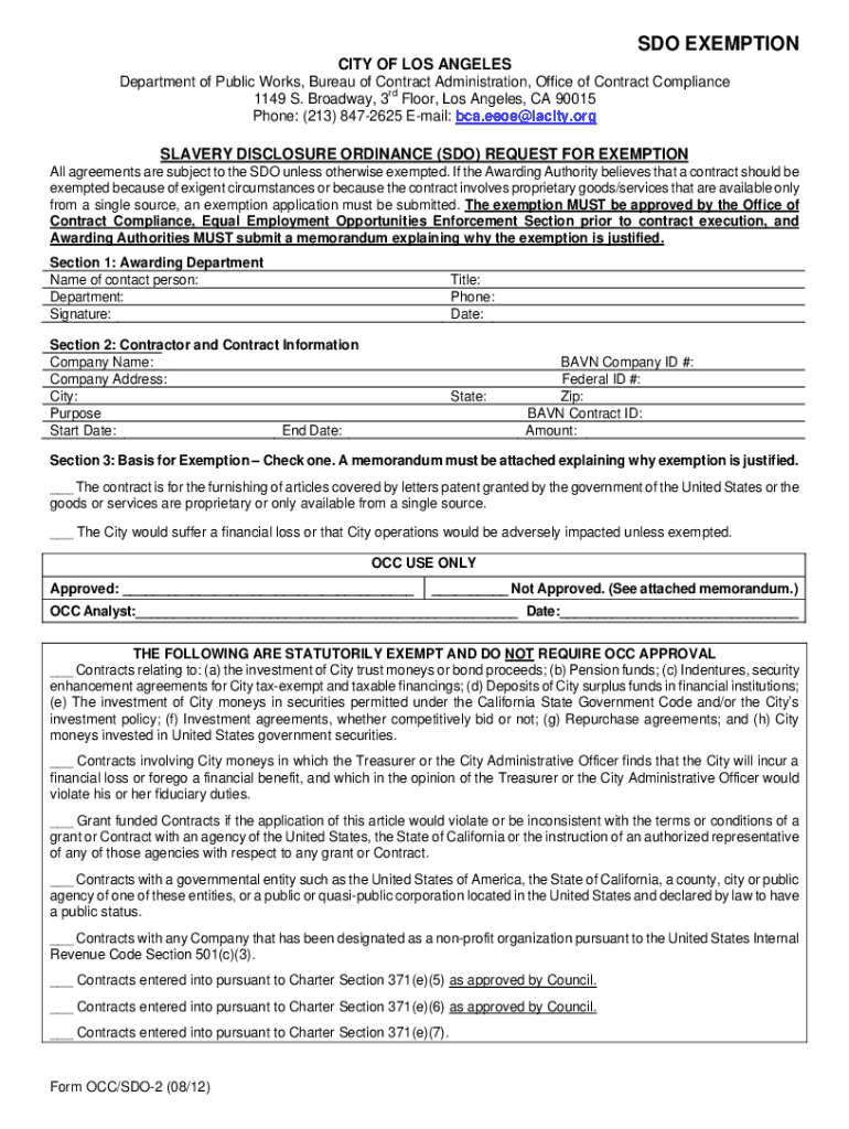 Fillable Online bca lacity Fillable Online bca lacity SDO Exemption ...