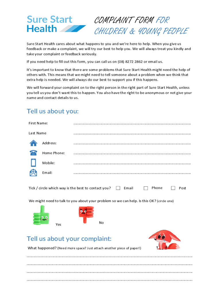 Fillable Online COMPLAINT FORM FOR CHILDREN & YOUNG PEOPLE Fax Email ...