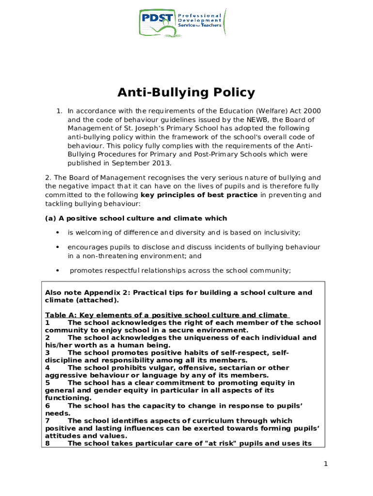 Anti-bullying policy Doc Template | pdfFiller