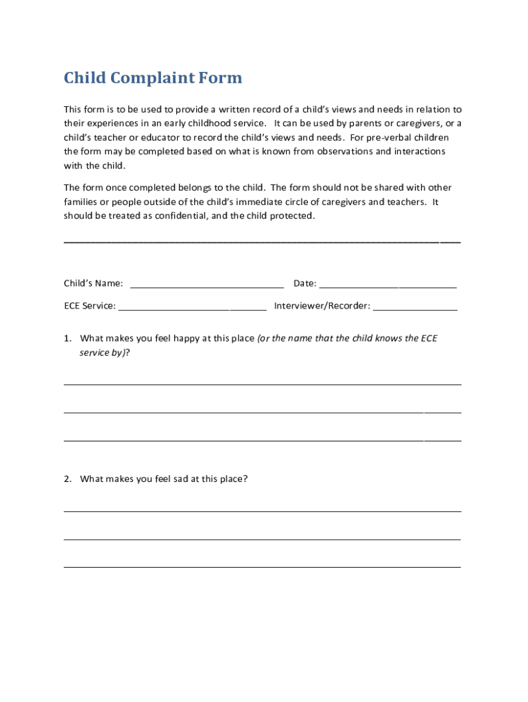Fillable Online Child Complaint Form Fax Email Print - pdfFiller