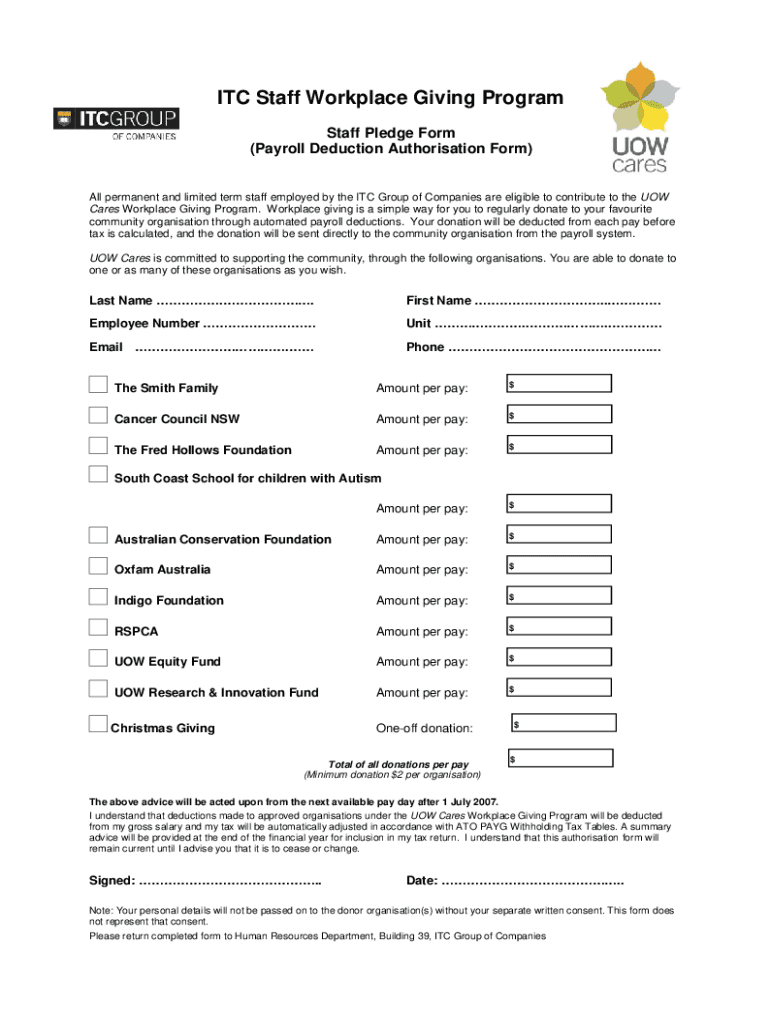 Fillable Online UOW Cares Pledge Form ITC - XMAS GIVING.doc Fax Email Print - pdfFiller