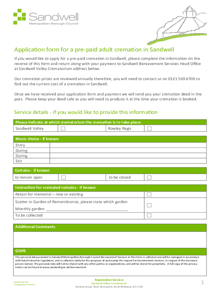 Fillable Online Application form for a pre-paid adult cremation in ...