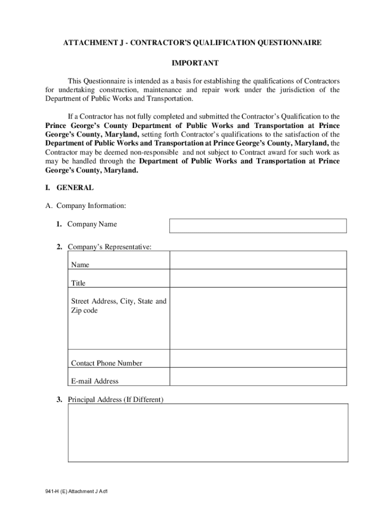 Fillable Online attachment j - contractor's qualification questionnaire ...