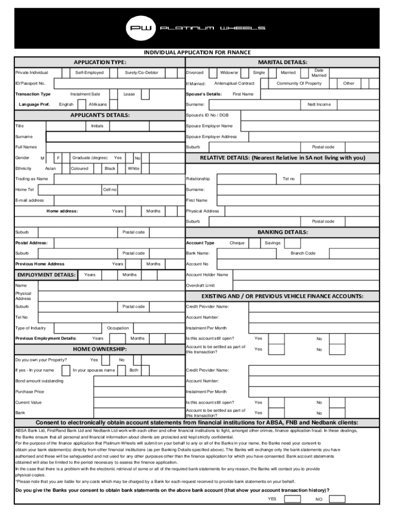 Fillable Online INDIVIDUAL APPLICATION FOR FINANCE Fax Email Print ...