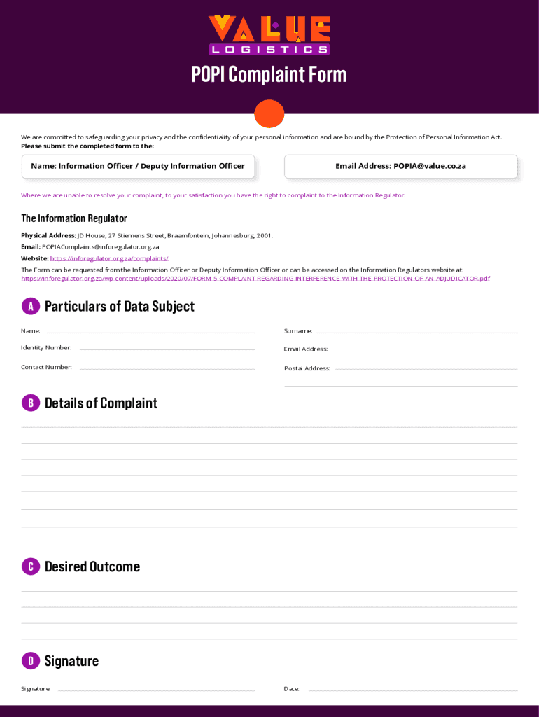 Fillable Online value co POPI: Complaint Form Fax Email Print - pdfFiller