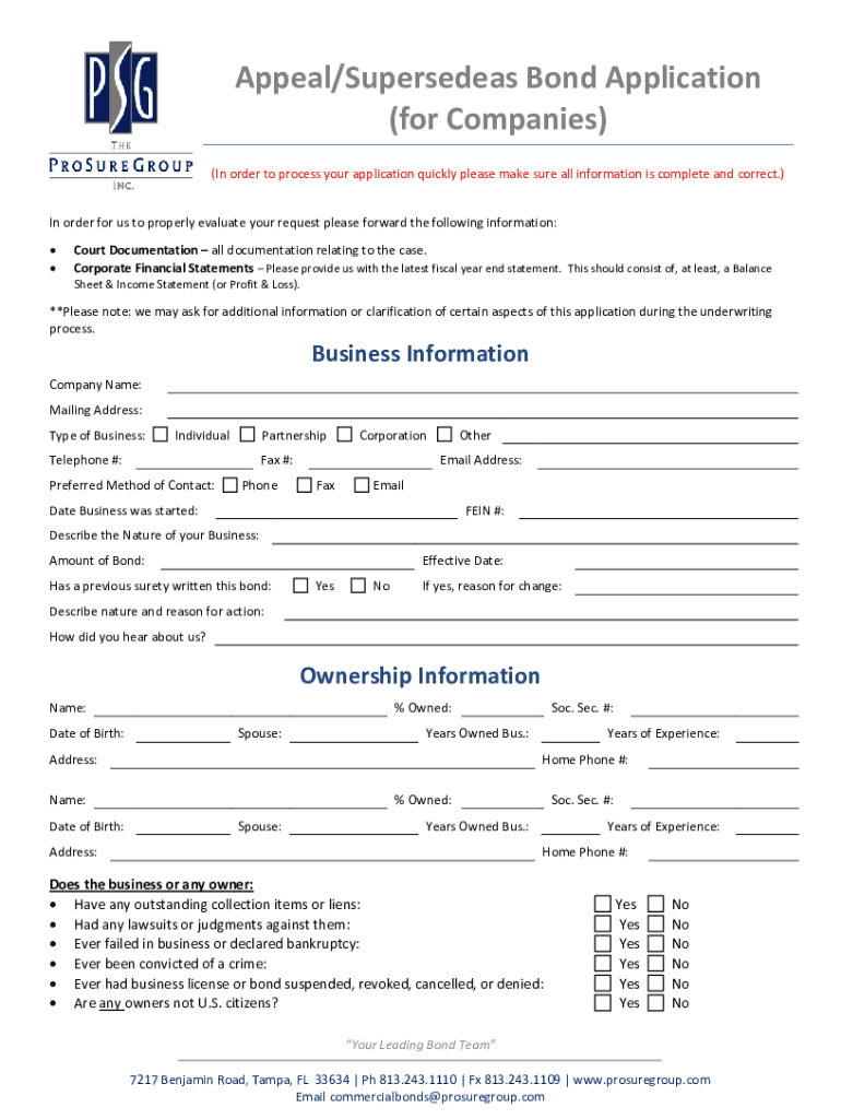 Fillable Online Appeal/Supersedeas Bond Application (for Companies) Fax ...