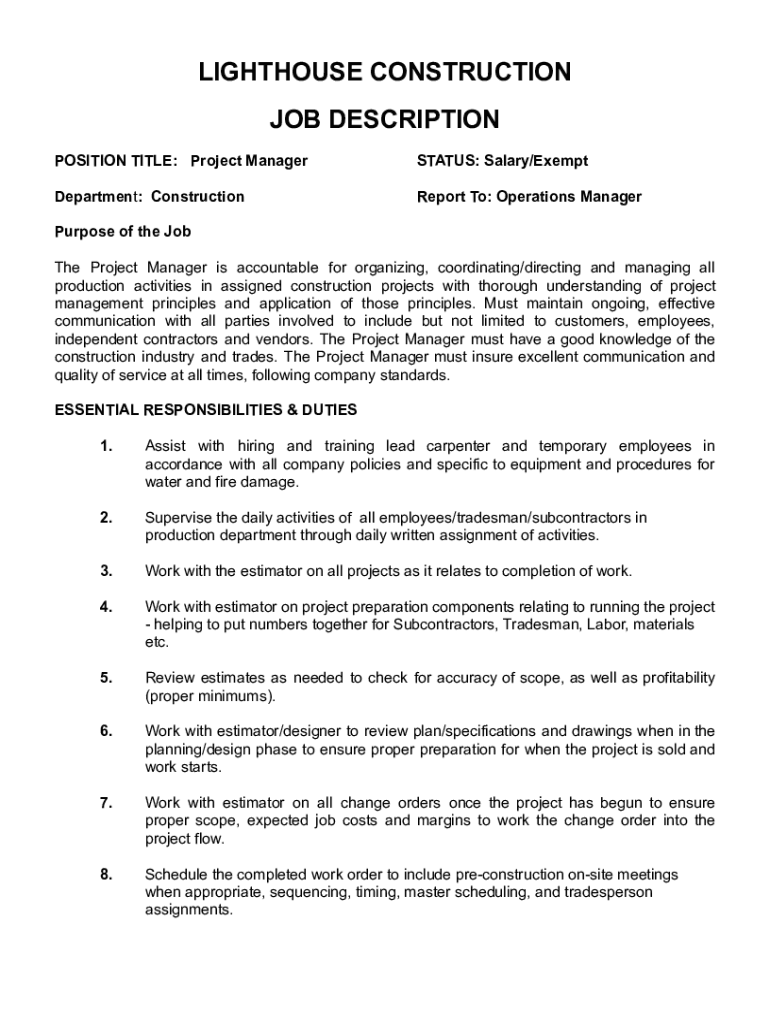 Fillable Online Construction Project Manager Job Description +TEMPLATE ...
