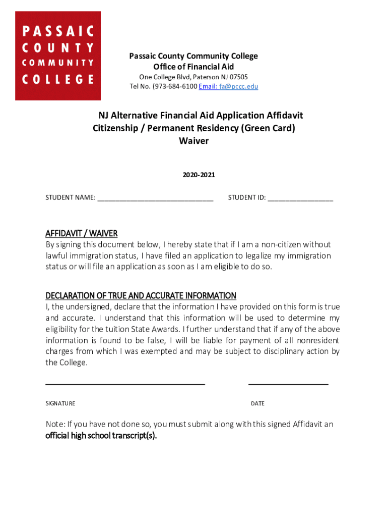 Fillable Online NJ Alternative Financial Aid Application Affidavit ...