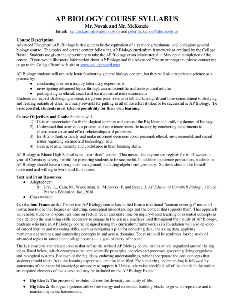 Fillable Online AP Biology Sample Syllabus 1 Fax Email Print - pdfFiller