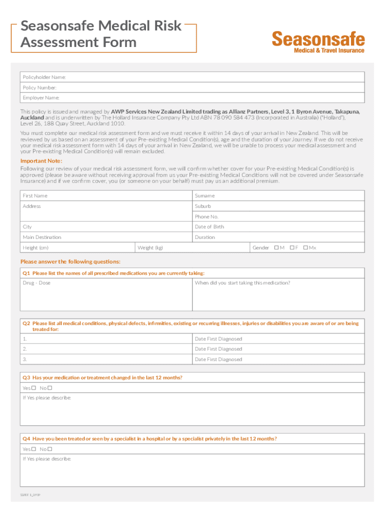Fillable Online Seasonsafe Medical Risk Assessment Form - Sales Portal ...