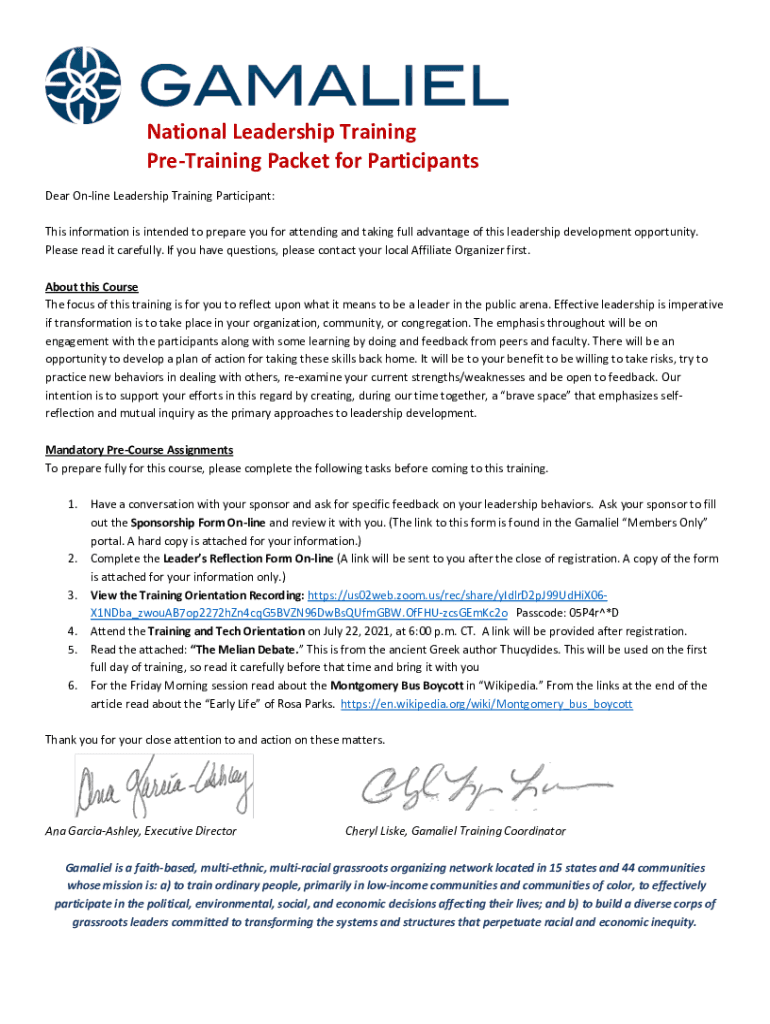 Fillable Online National Leadership Training Pre-Training Packet for ...