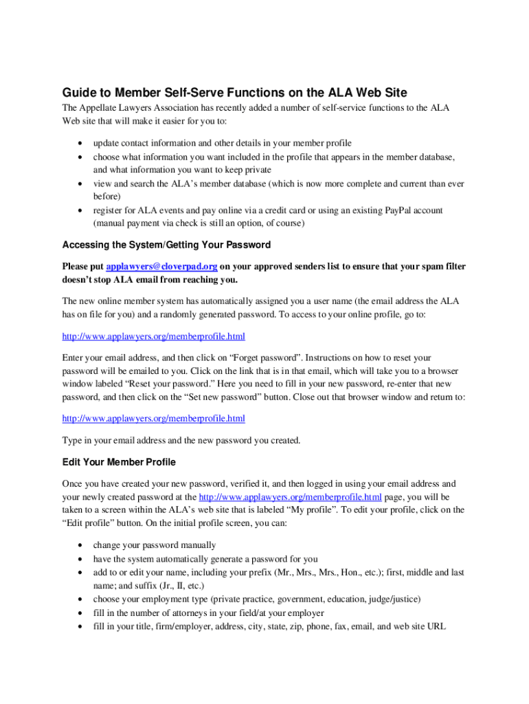 Fillable Online Guide to Member Self-Serve Functions on the ALA Web ...