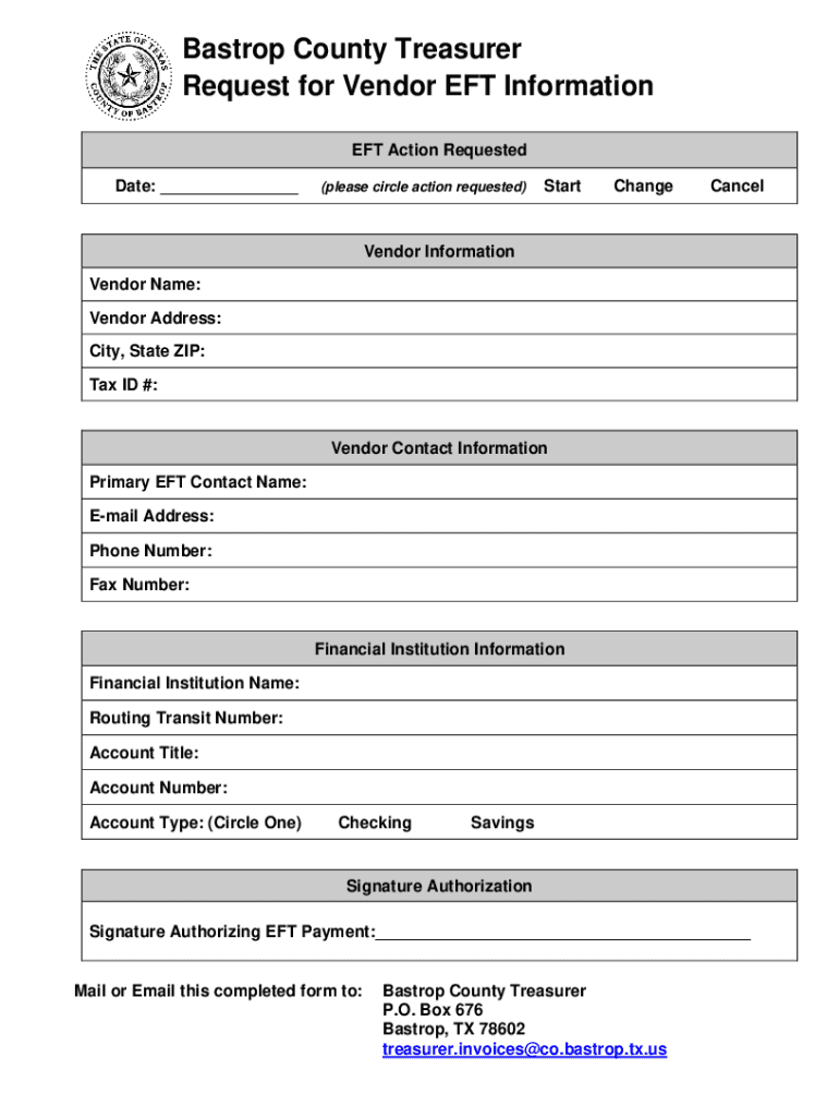 Fillable Online Bastrop County Treasurer Request for Vendor EFT ...