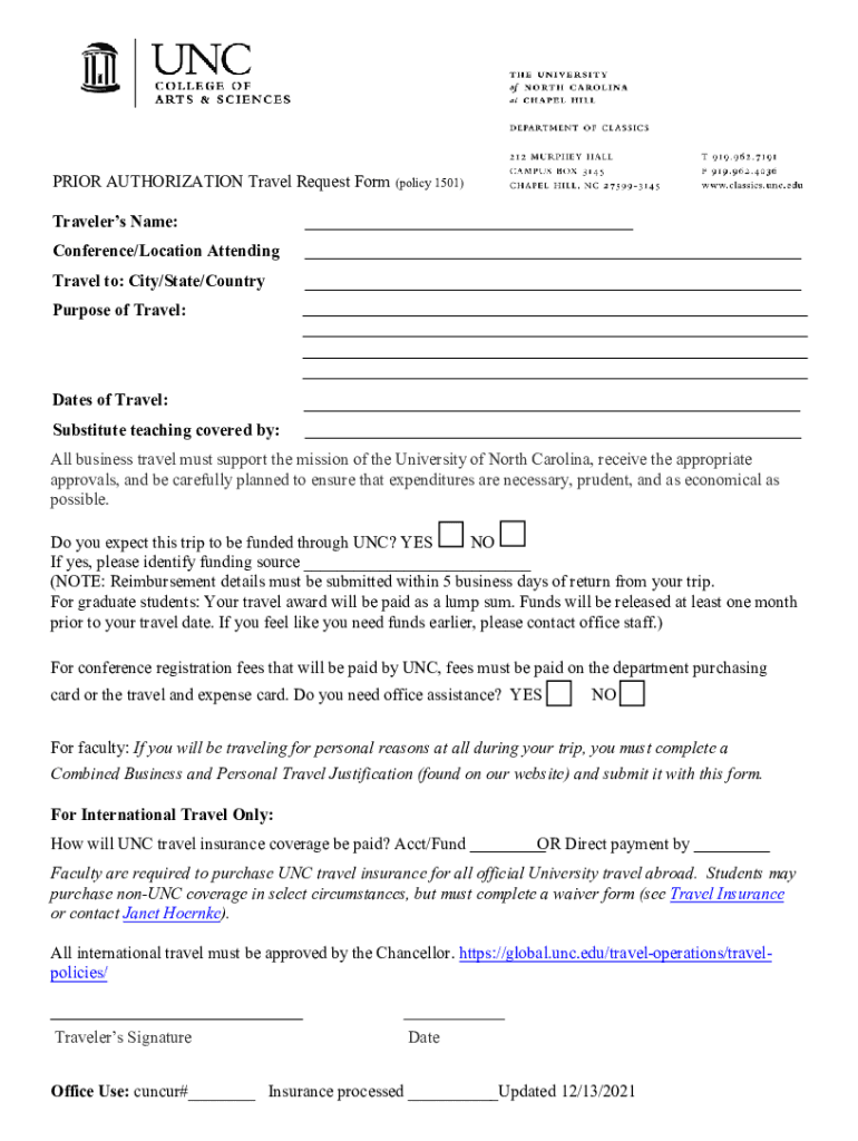 Fillable Online PRIOR AUTHORIZATION Travel Request Form (policy 1501 ...