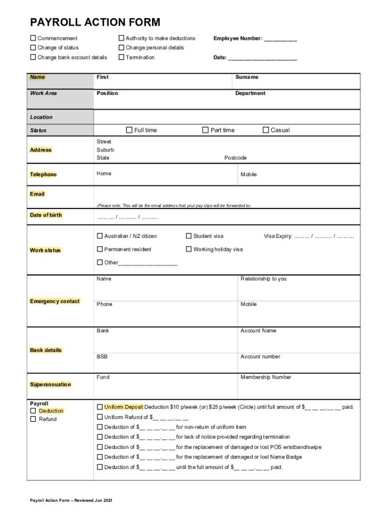 Fillable Online TEMPLATE - Payroll Action Form Fax Email Print - pdfFiller