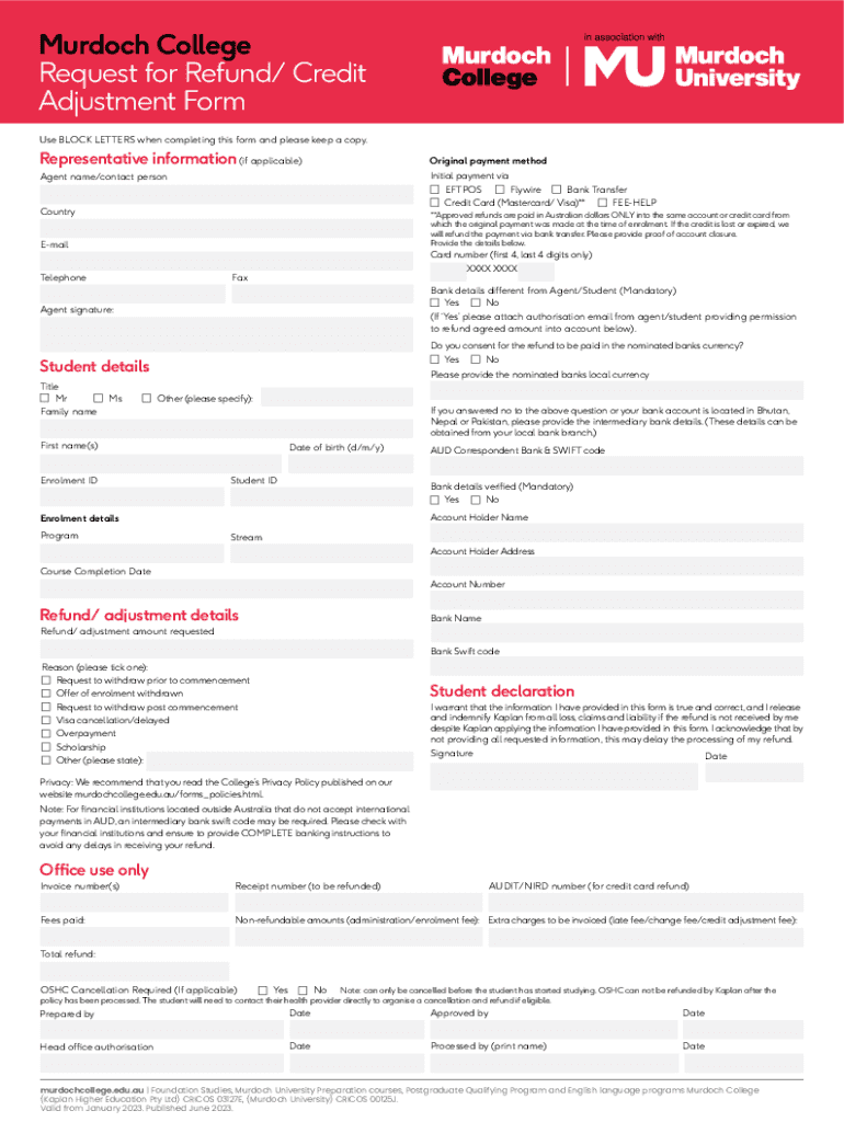 Fillable Online Request for Refund/ Credit Adjustment Form Fax Email ...
