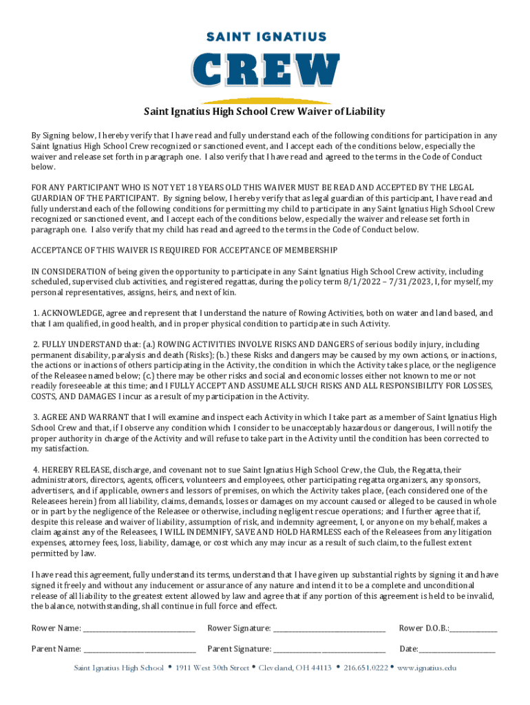Fillable Online Saint Ignatius High School Crew Waiver of Liability Fax Email Print - pdfFiller