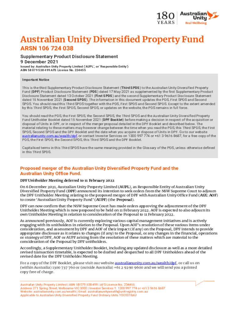 Fillable Online Australian Unity Diversified Property Fund Product ...
