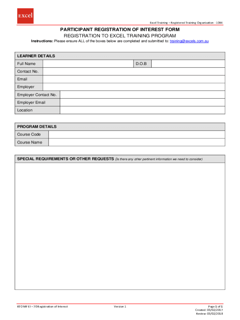 Fillable Online PARTICIPANT REGISTRATION OF INTEREST FORM ... - Excel ...