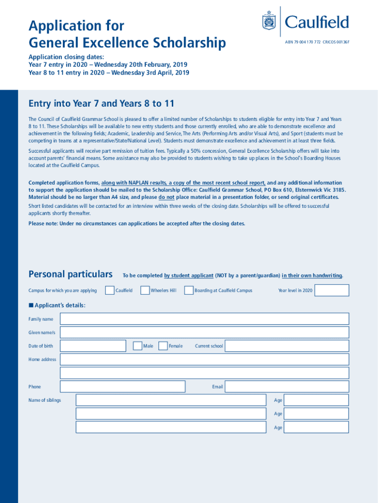 Fillable Online Application for General Excellence Scholarship Fax ...