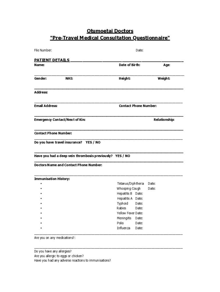 Fillable Online OD Pre-Travel Medical Consultation Questionnaire Fax ...