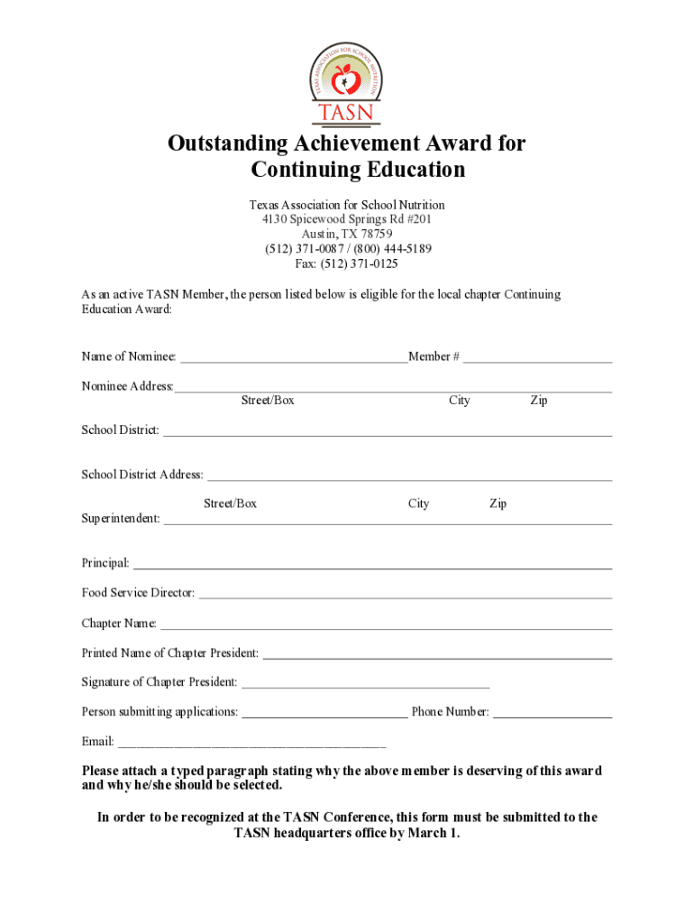 Fillable Online Outstanding Achievement Award for Continuing Education Fax Email Print - pdfFiller