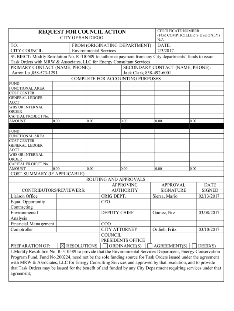 Fillable Online docs sandiego REQUEST FOR COUNCIL ACTION CITY ATTORNEY ffl Fax Email Print ...