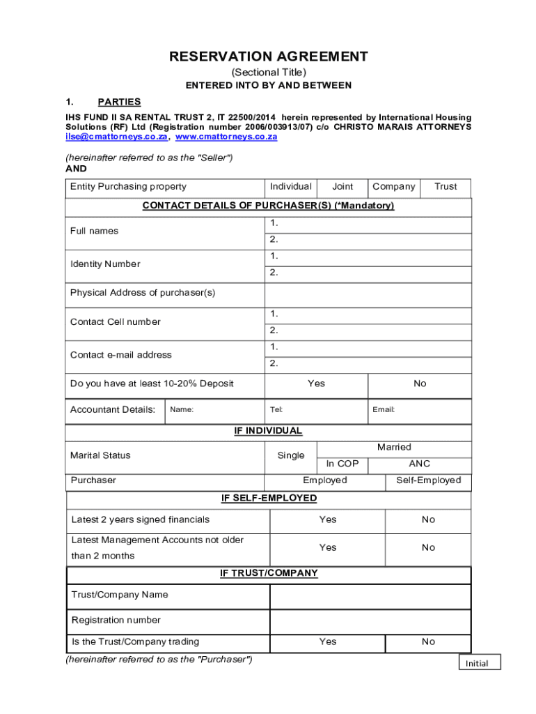 Fillable Online THE EDEN RESERVATION AGREEMENT (Sectional Title).docx ...