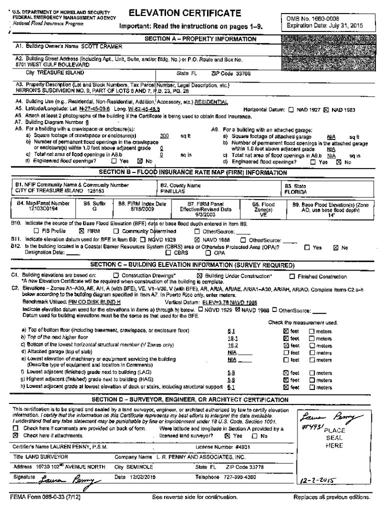 Fillable Online Fillable FF-086-0-33 Elevation Certificate And ...