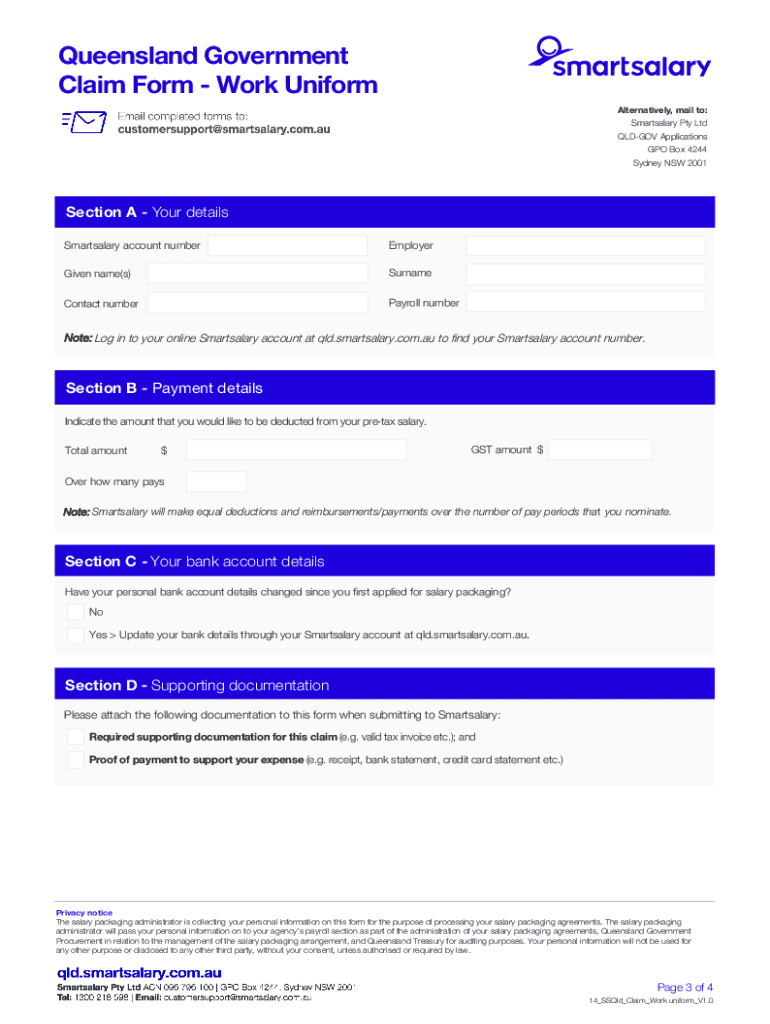 Fillable Online Queensland Government Claim Form - Work Uniform Fax ...