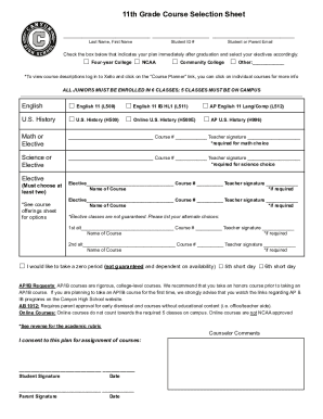 Fillable Online Rising 10th, 11th, & 12th Grade Course Selection Sheet ...
