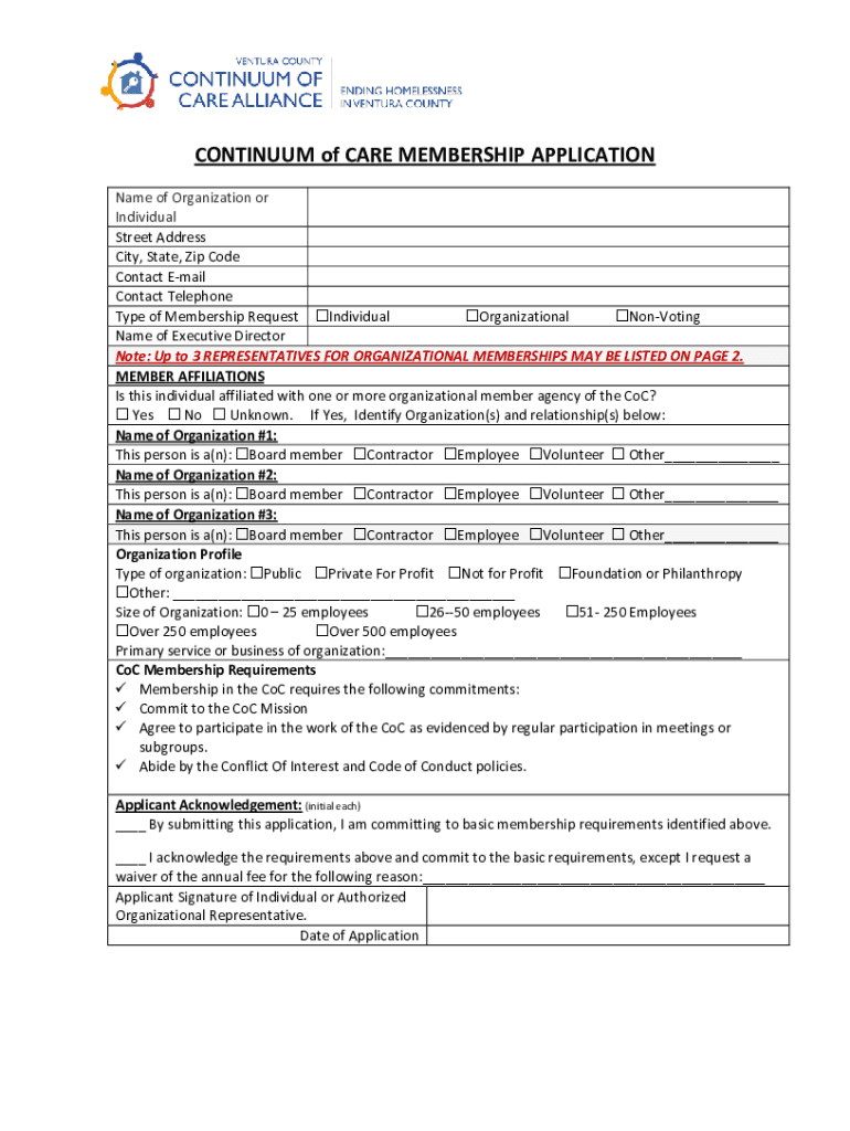 Fillable Online CONTINUUM of CARE MEMBERSHIP APPLICATION Fax Email ...
