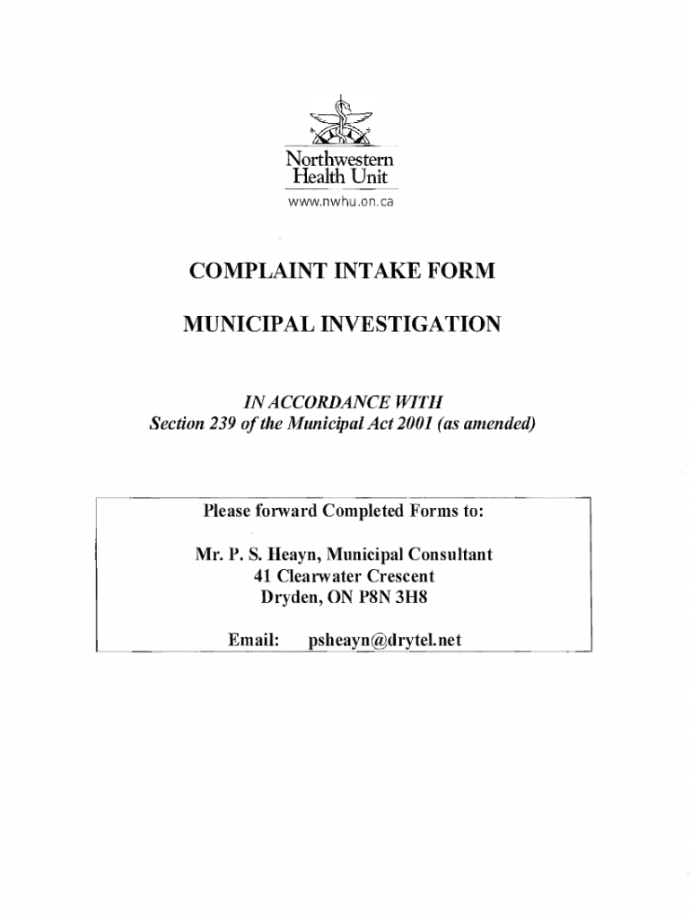 Fillable Online complaint intake form municipal investigation Fax Email ...