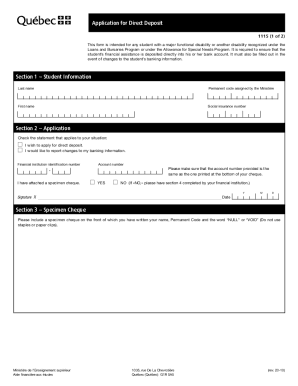 Fillable Online Application for Direct Deposit. Form 1115 - Aide ...
