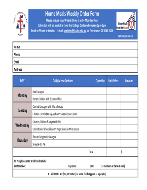 Fillable Online tlc vic edu TLC Home Meals Weekly Order Form No.13 Fax ...