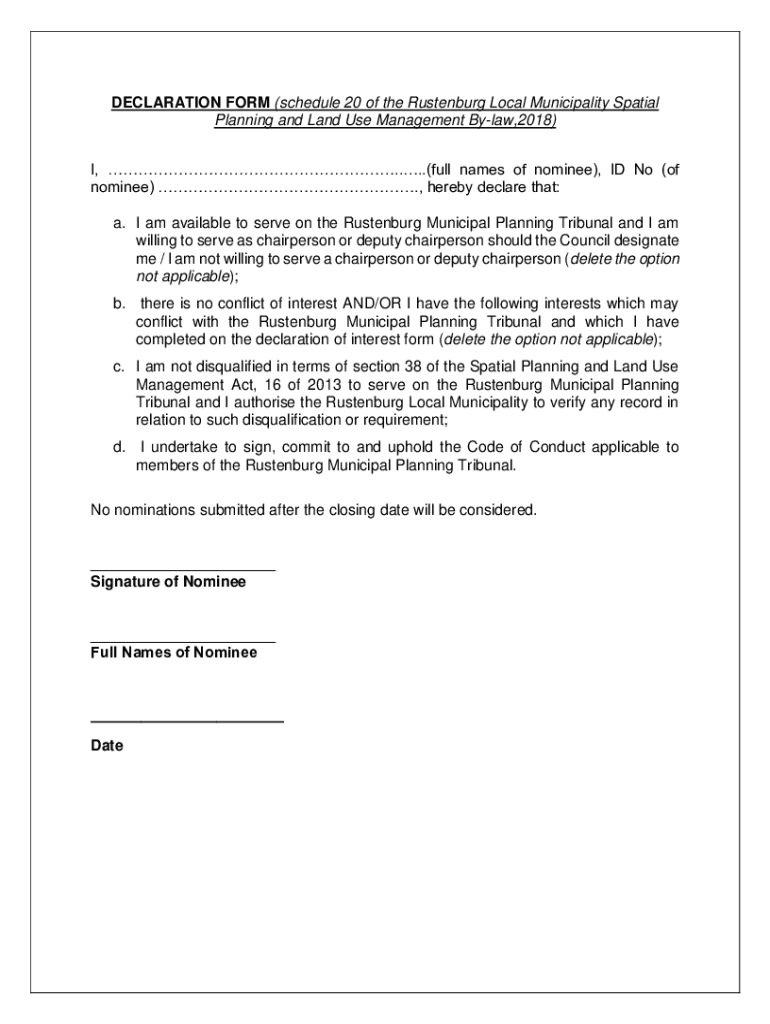 Fillable Online DECLARATION FORM (schedule 20 of the Rustenburg ... Fax ...