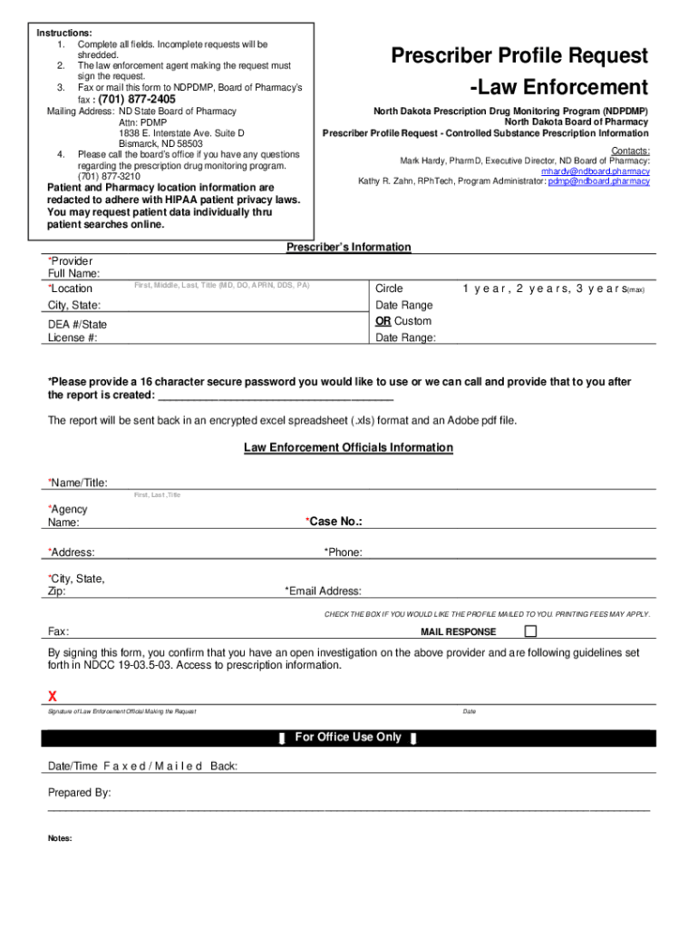 Fillable Online Prescriber Profile Request -Law Enforcement Fax Email ...