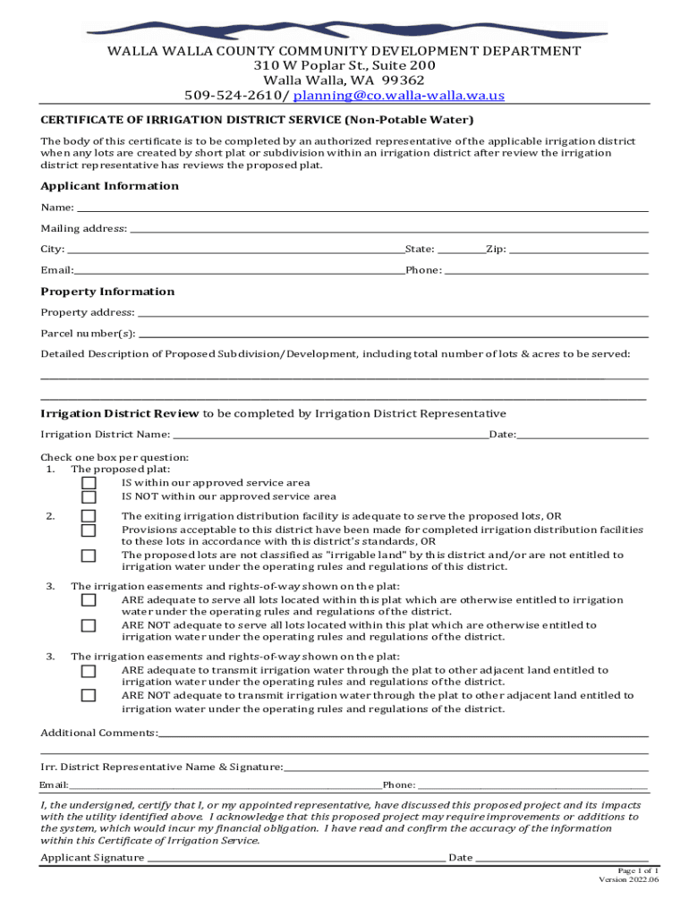 Fillable Online Certificate of Irrigation District Service (Non-Potable ...