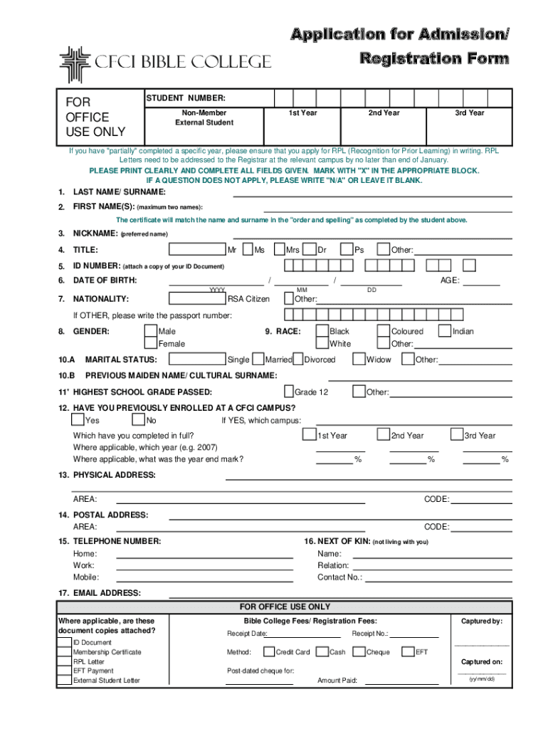 Fillable Online Application for Admission/ Registration Form - CFC Zululand Fax Email Print ...